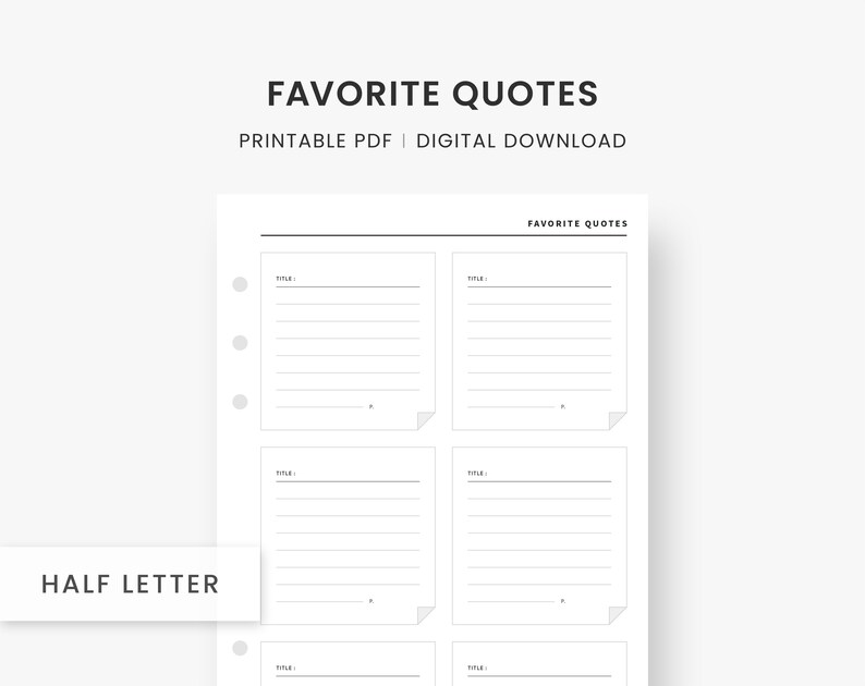 Favorite Quotes Log Printable, Book Quotes for Reader, Half Letter ...