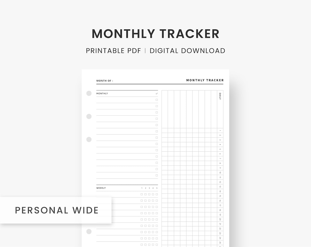 Monthly Tracker Printable, Personal Wide Inserts, Habit Tracker, Weekly ...