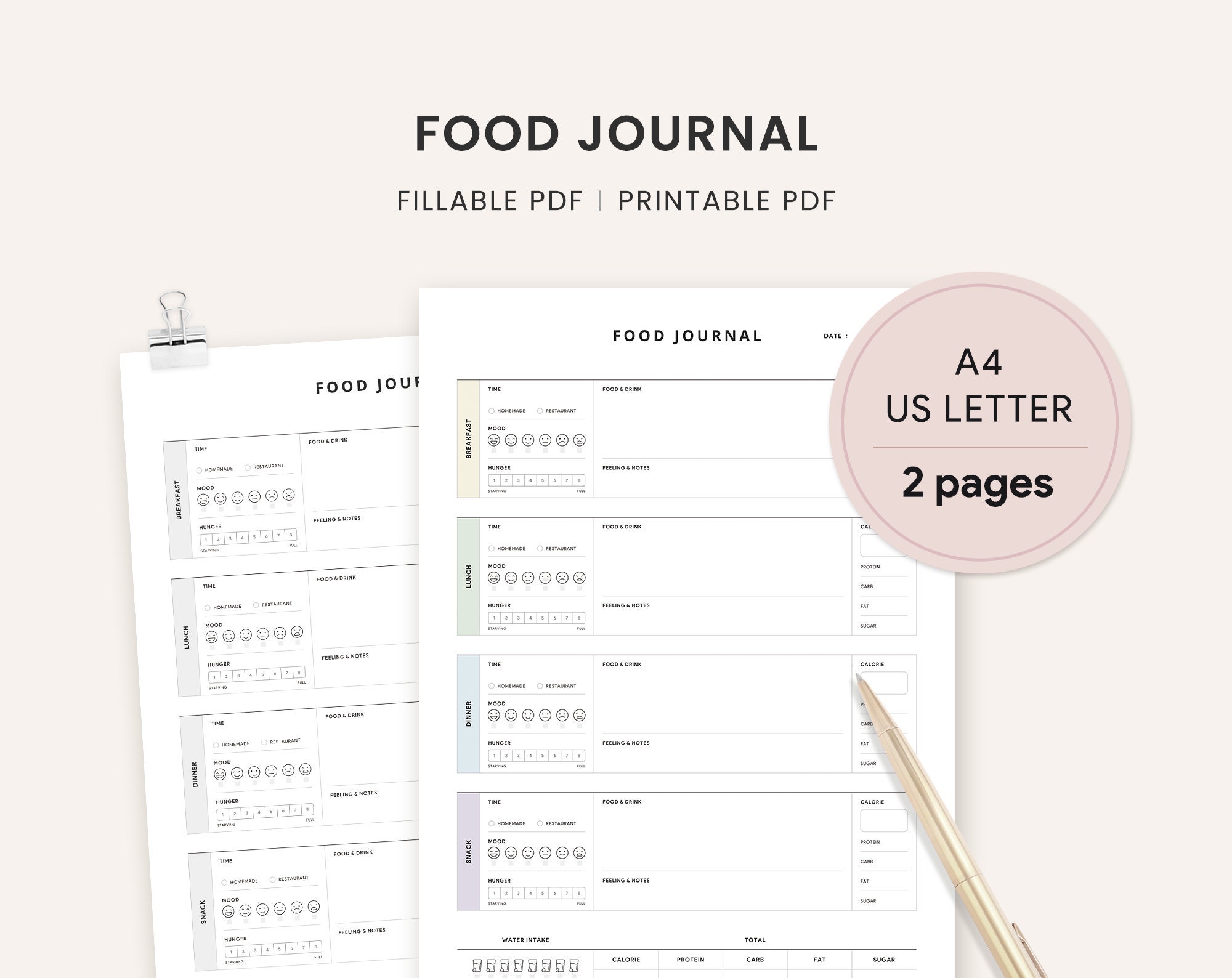 Food Journal Printable, Daily Food Diary, Calories Log, Food Log, Food ...
