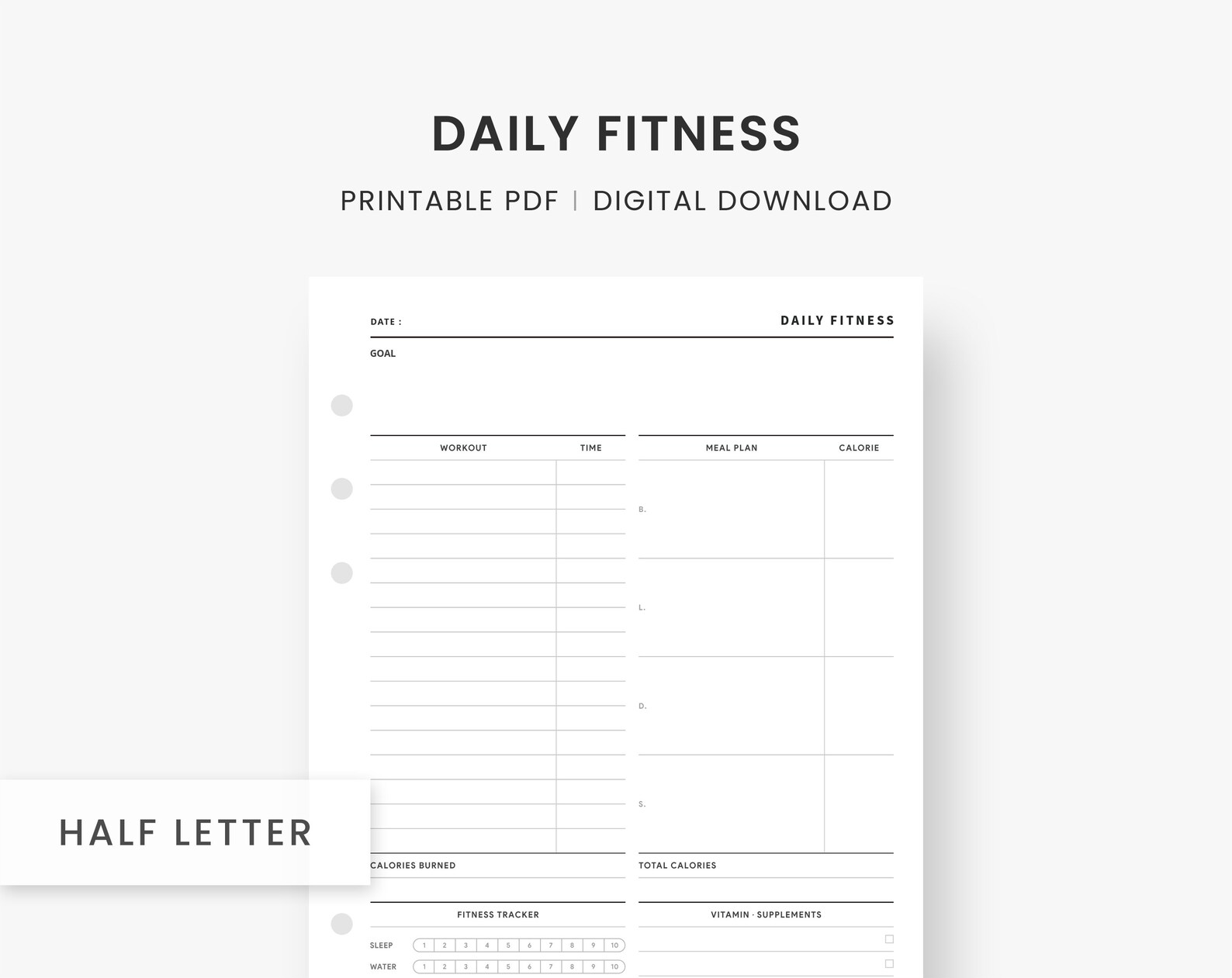 Daily Fitness Planner Printable, Half Letter Inserts, Fitness Journal ...