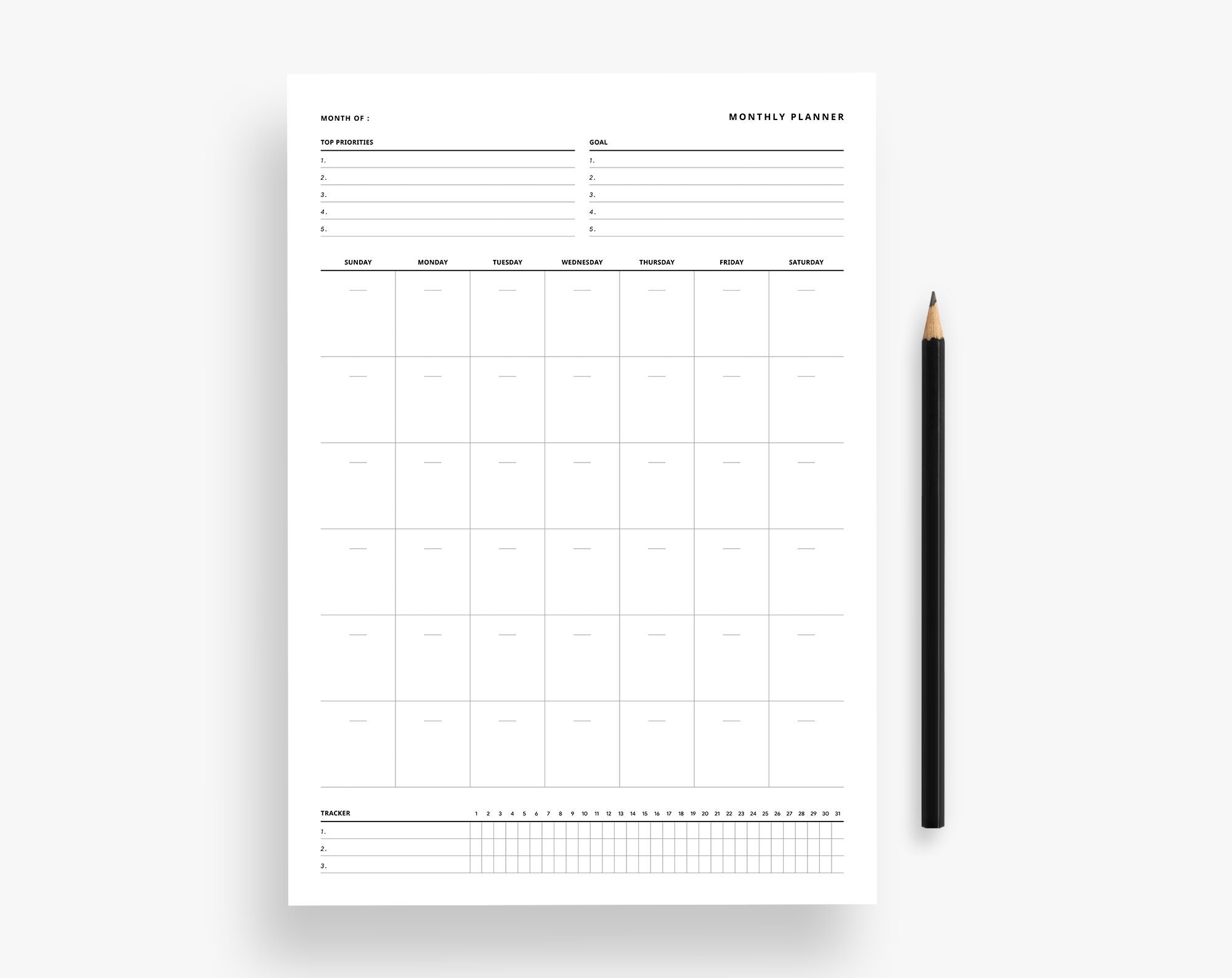 Monthly Planner Printable, Month on One Page Inserts With Goal and ...