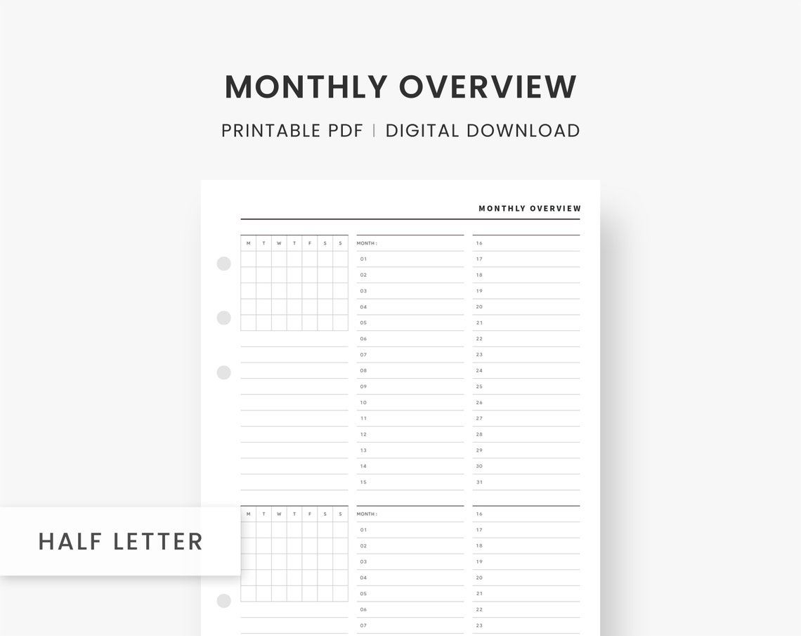 Monthly Overview Monthly Calendar Printable Undated Planner - Etsy
