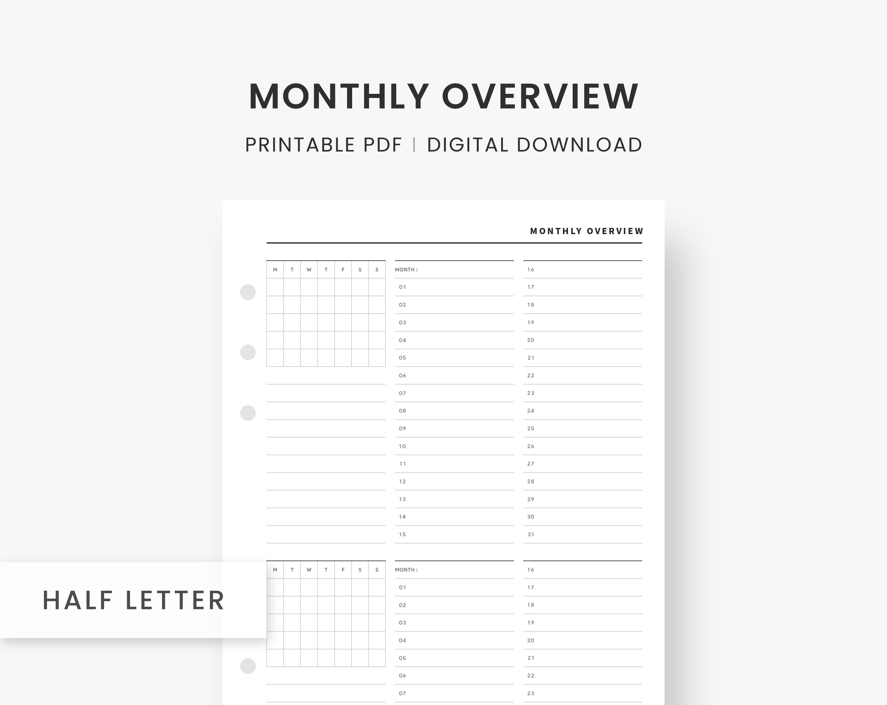 Monthly Overview Monthly Calendar Printable Undated Planner - Etsy