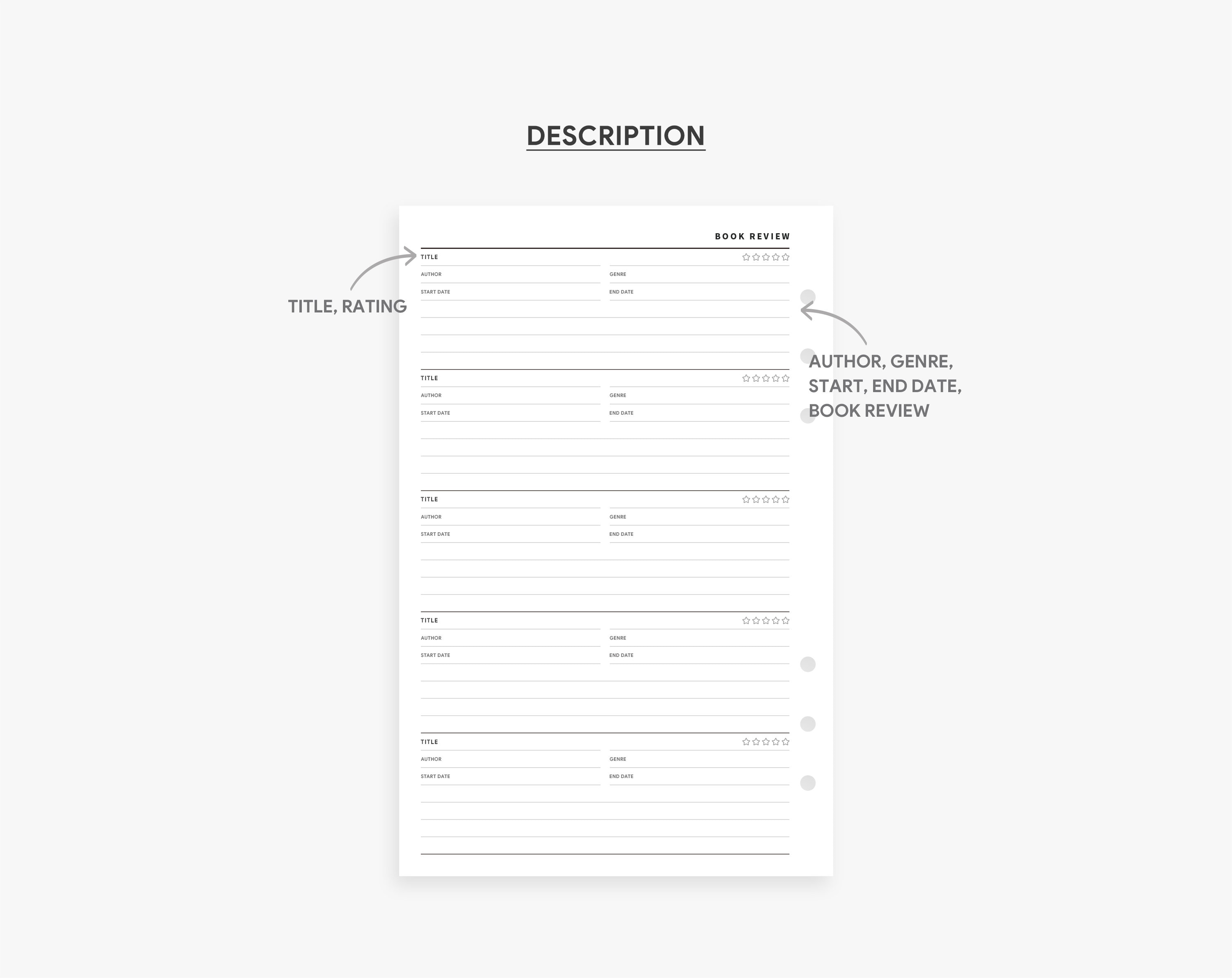 Book Journal Template Printable, Half Letter Inserts, Reading Journal ...