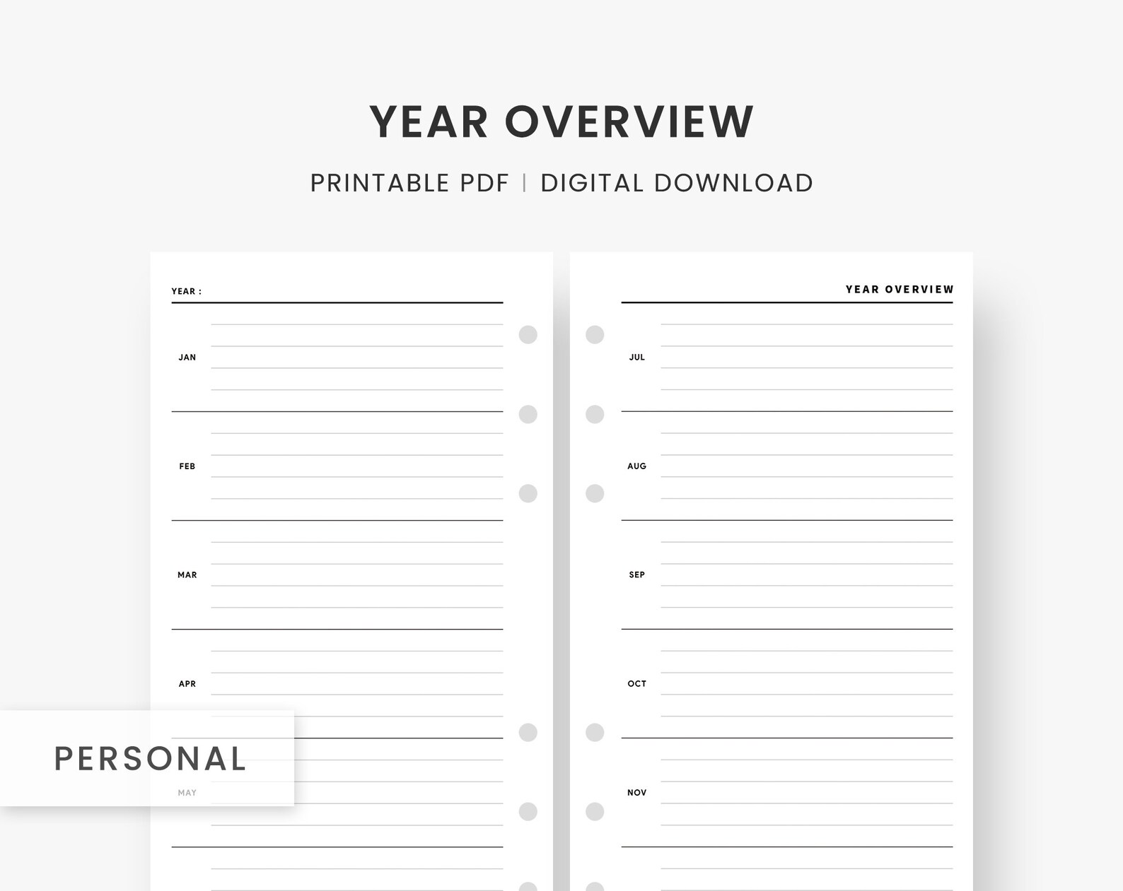 Personal Size Inserts : Year at a Glance Yearly Planner Printable ...
