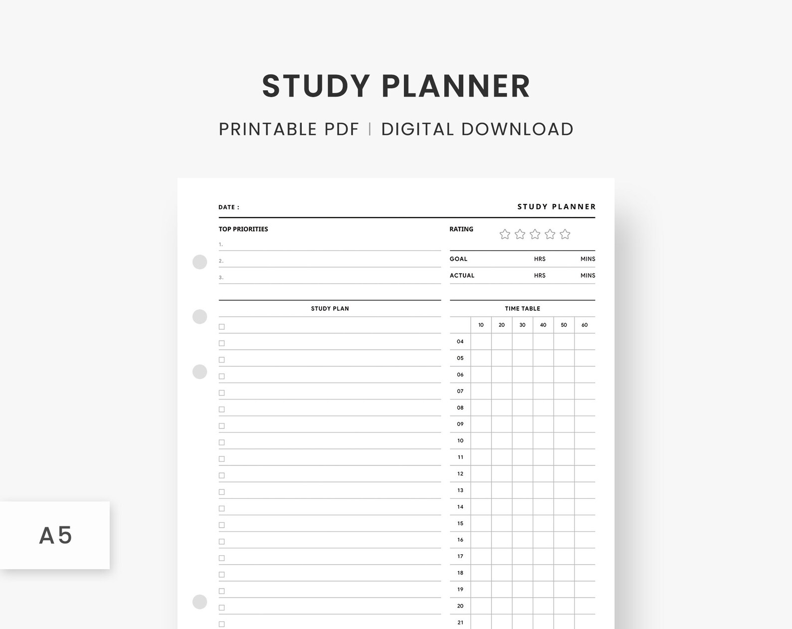 A5 Inserts : Study Planner Printable Daily Study Organizer | Etsy