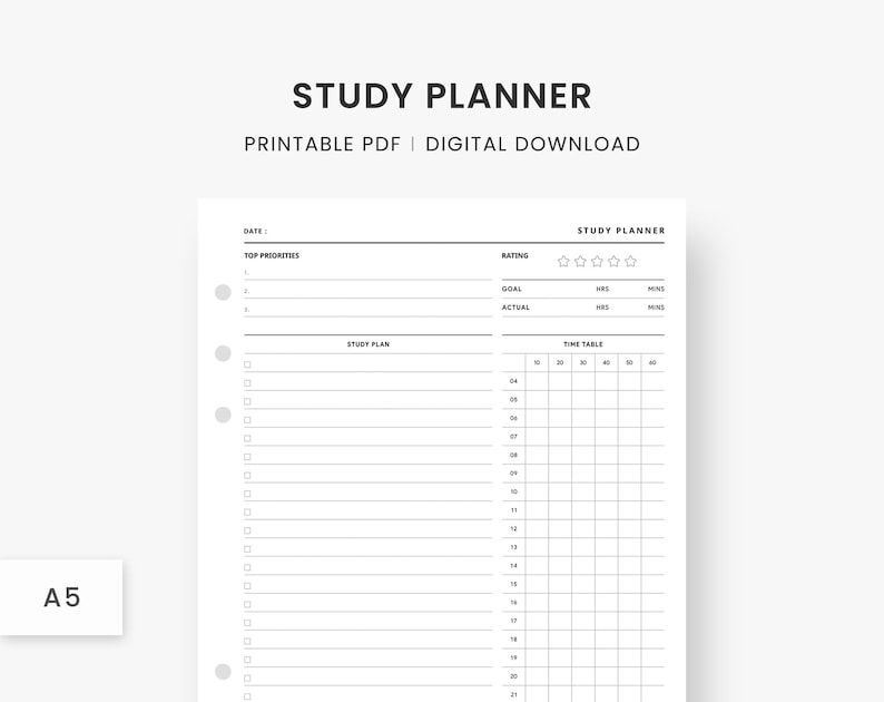 A5 Inserts : Study Planner Printable Daily Study Organizer | Etsy
