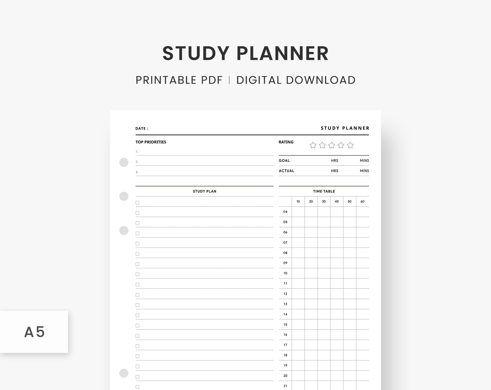 A5 Inserts : Study Planner Printable Daily Study Organizer - Etsy