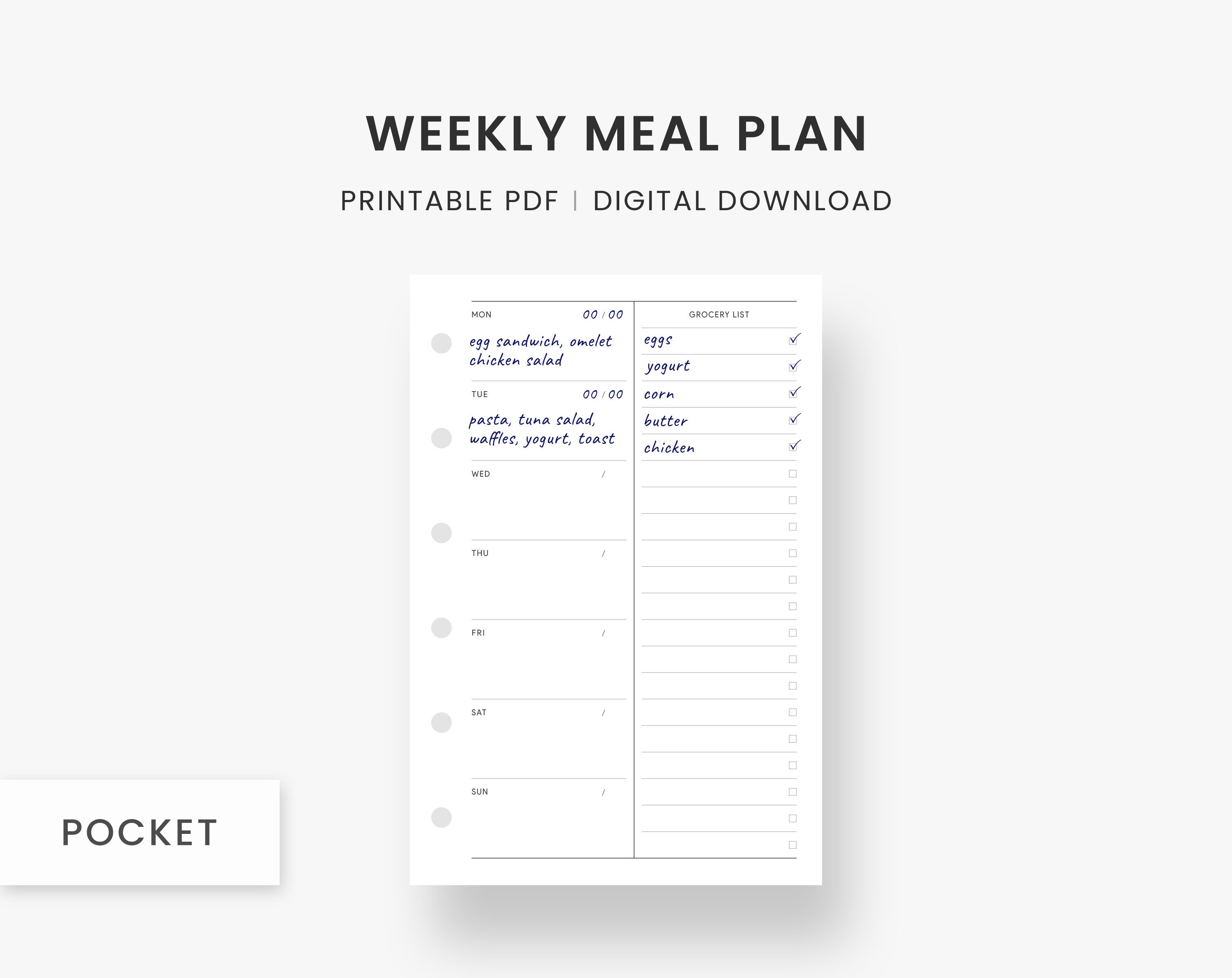 Pocket Inserts : Weekly Meal Planner Printable, Week Menu Planning ...