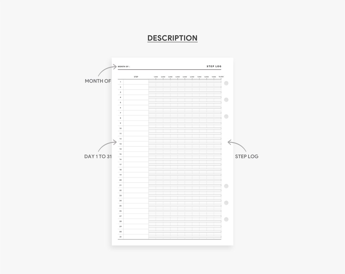 Step Log, Monthly Step Tracker Printable, Half Letter Inserts, Workout ...