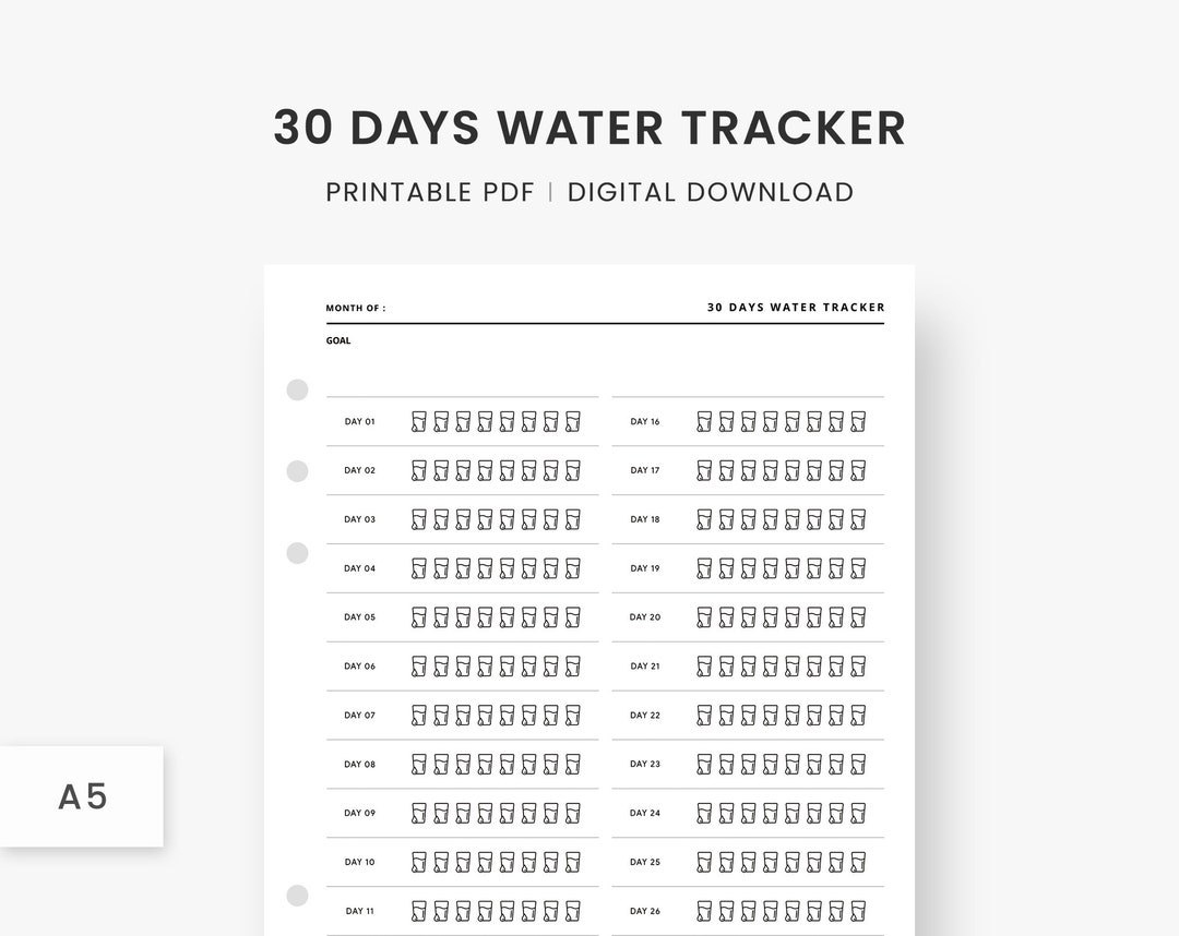 A5 Inserts : 30 Days Water Tracker Printable, Water Challenge and ...