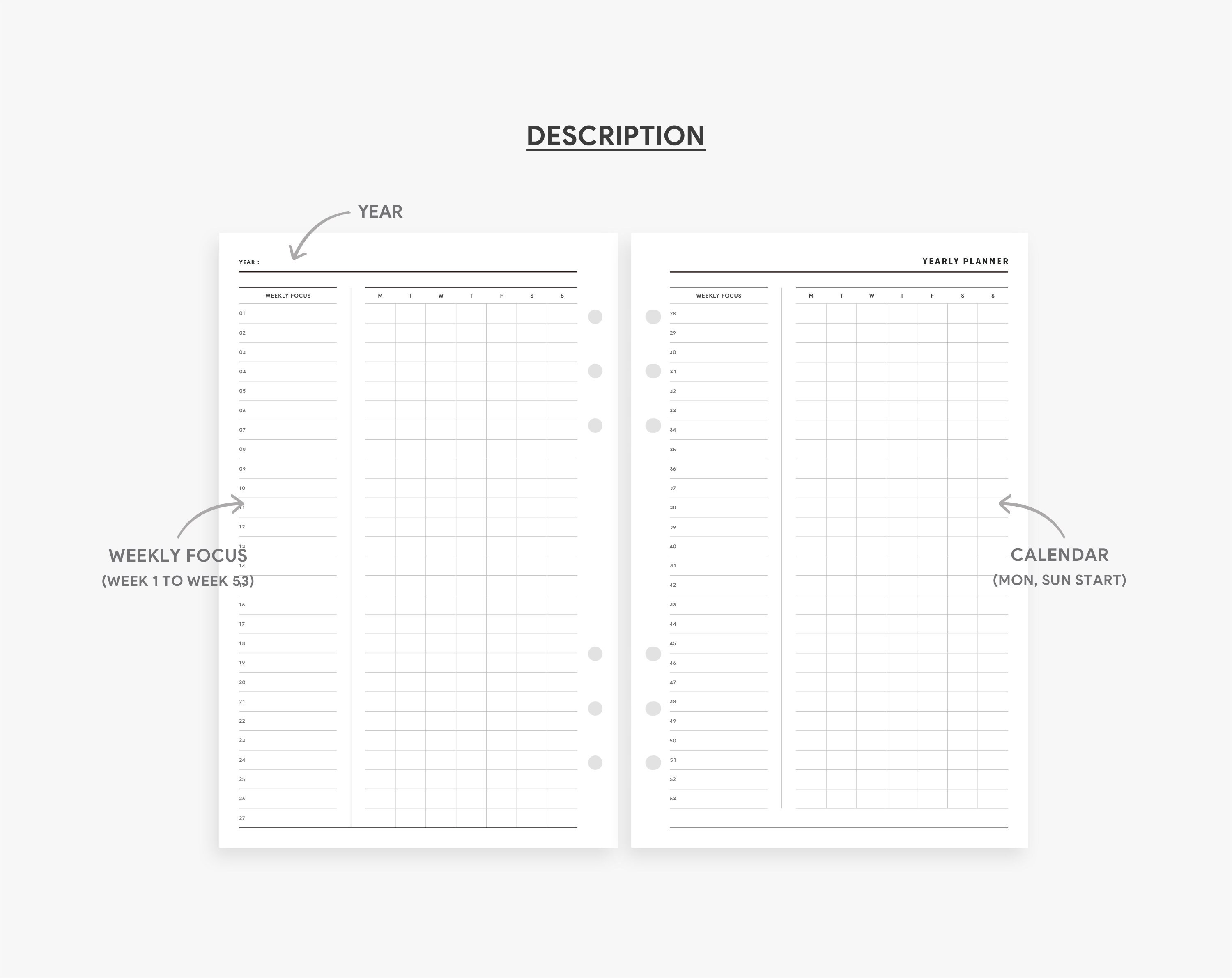 Yearly Planner Printable, Undated Planner, Yearly Calendar, Half Letter ...