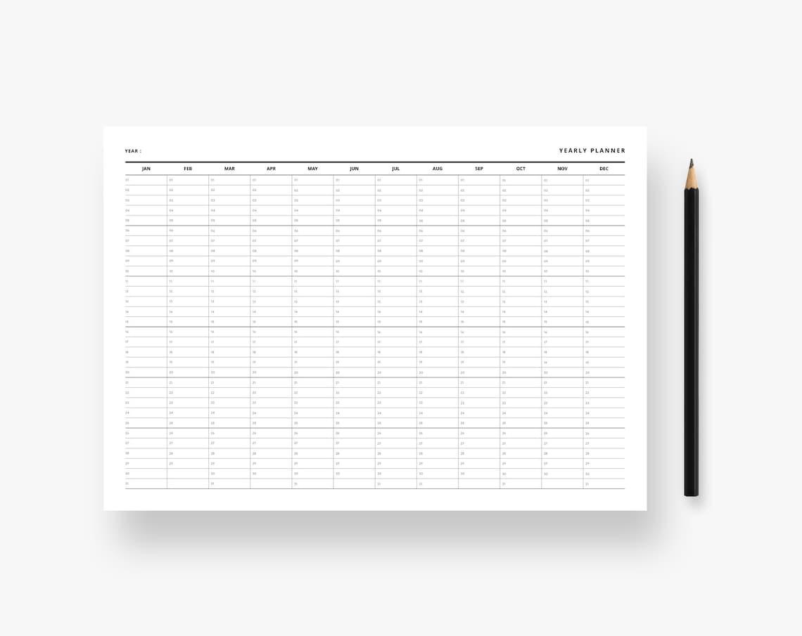 Yearly Planner Printable, Year at a Glance, Desk and Wall Calendar, 12 ...