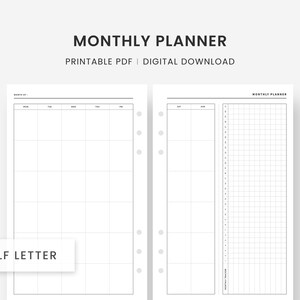 Monthly Calendar Printable, Half Letter Inserts, Monthly Planner, Month ...