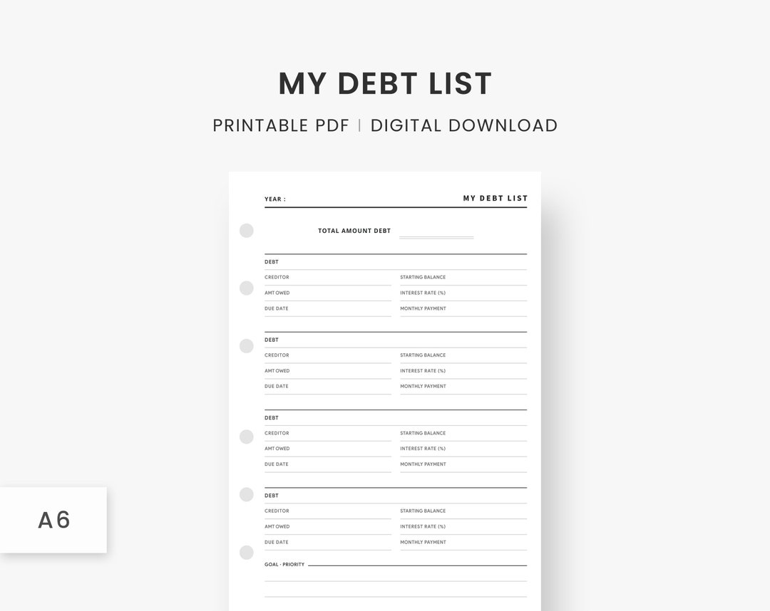 A6 Inserts : Debt Management, My Debt List, Debt Payoff, Loan Repayment ...