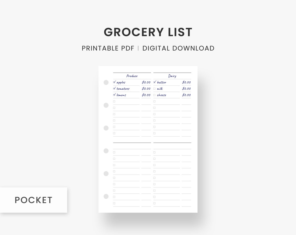 Pocket Inserts : Grocery List Printable Grocery Shopping - Etsy