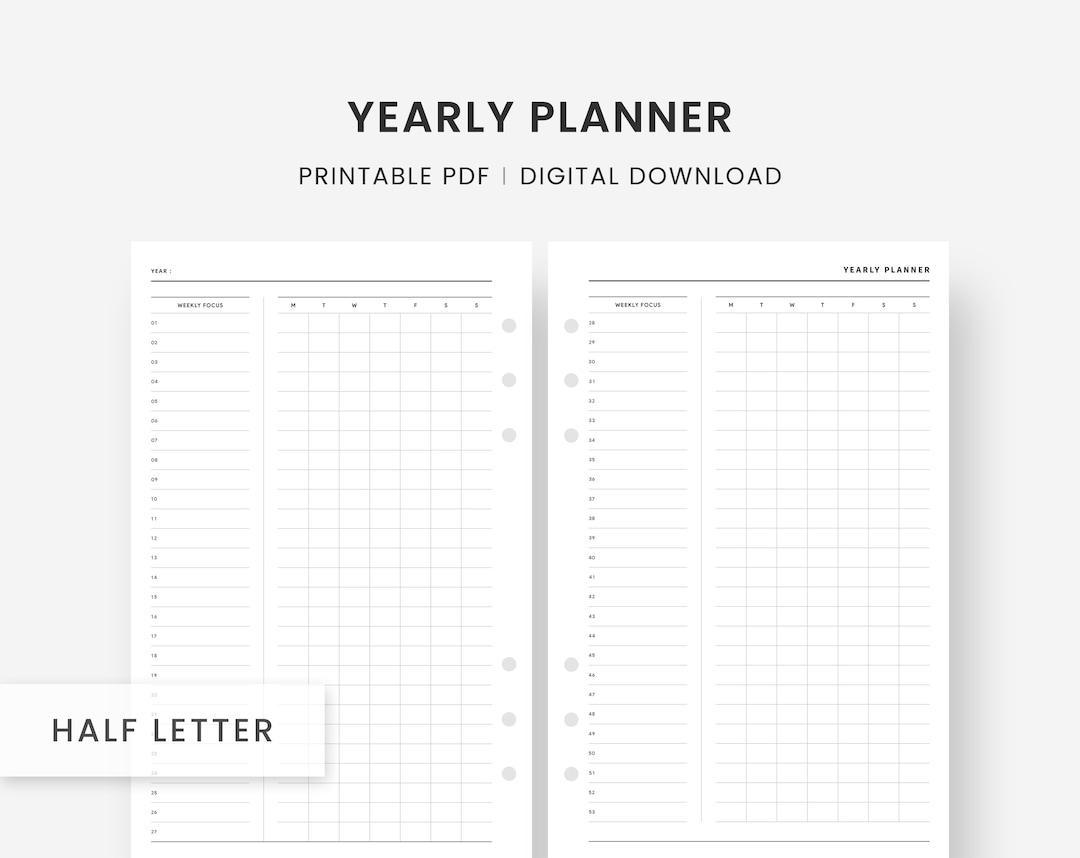 Yearly Planner Printable, Undated Planner, Yearly Calendar, Half Letter ...