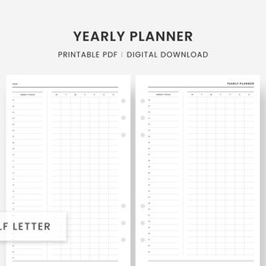 Yearly Planner Printable, Undated Planner, Yearly Calendar, Half Letter ...