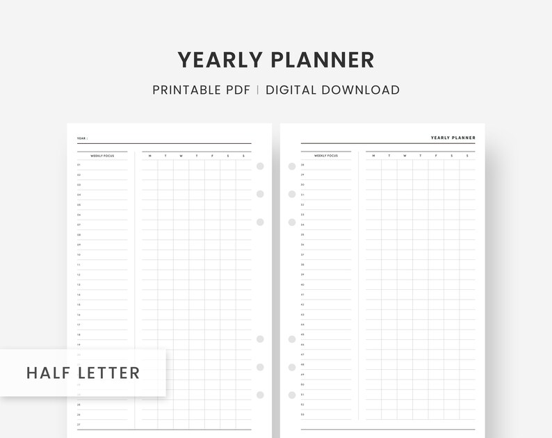 Yearly Planner Printable, Undated Planner, Yearly Calendar, Half Letter ...