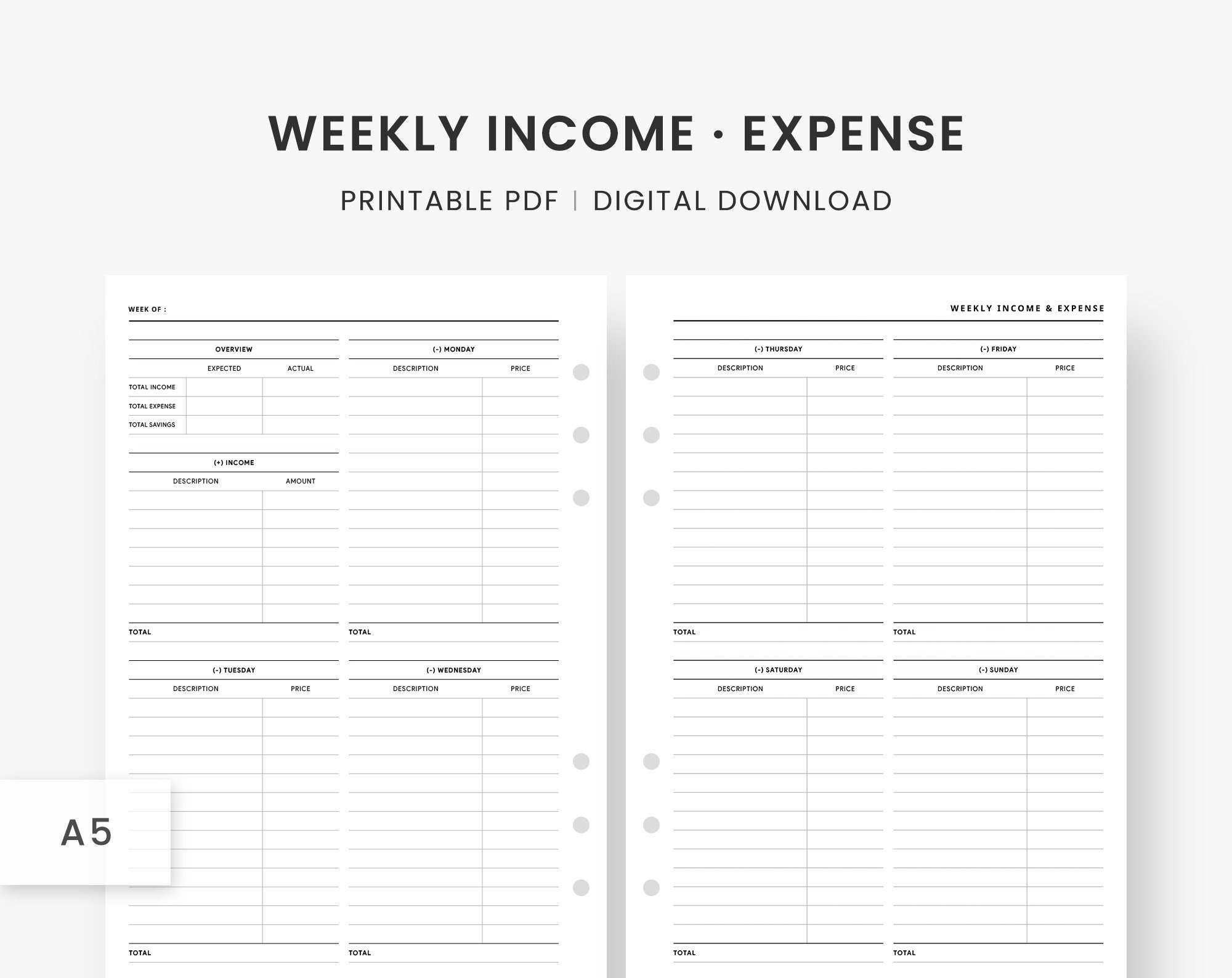 A5 Inserts : Financial Planner Printable, Weekly Income and Expense ...