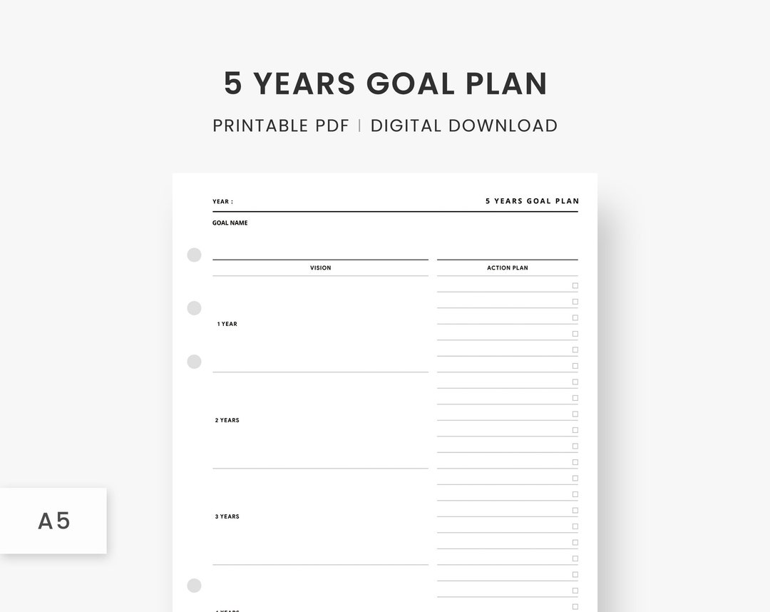 A5 Inserts : 5 Years Goal Setting Printable, Yearly Goal Planner, Goals ...