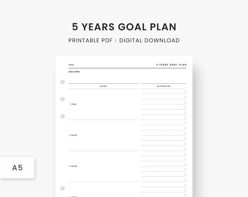 A5 Inserts : 5 Years Goal Setting Printable, Yearly Goal Planner, Goals ...