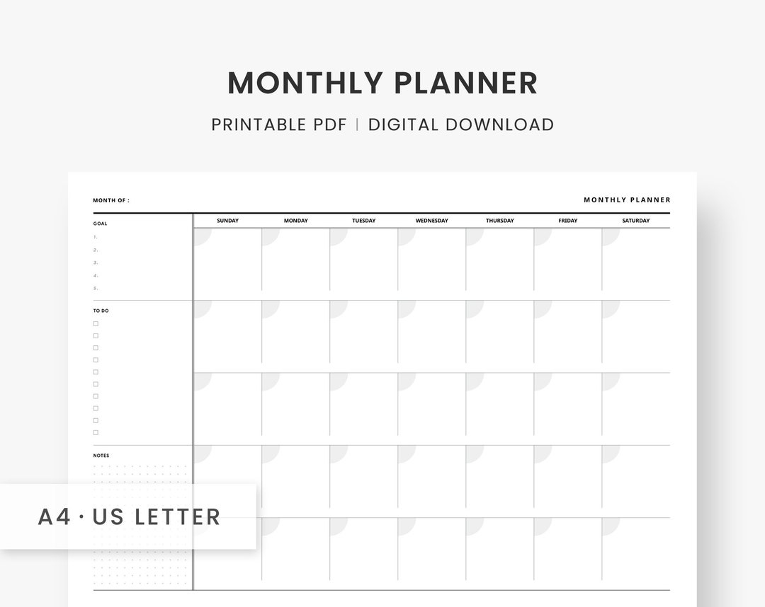 Empty Printable Minimalist Calendar for Desk, Undated Monthly Work ...