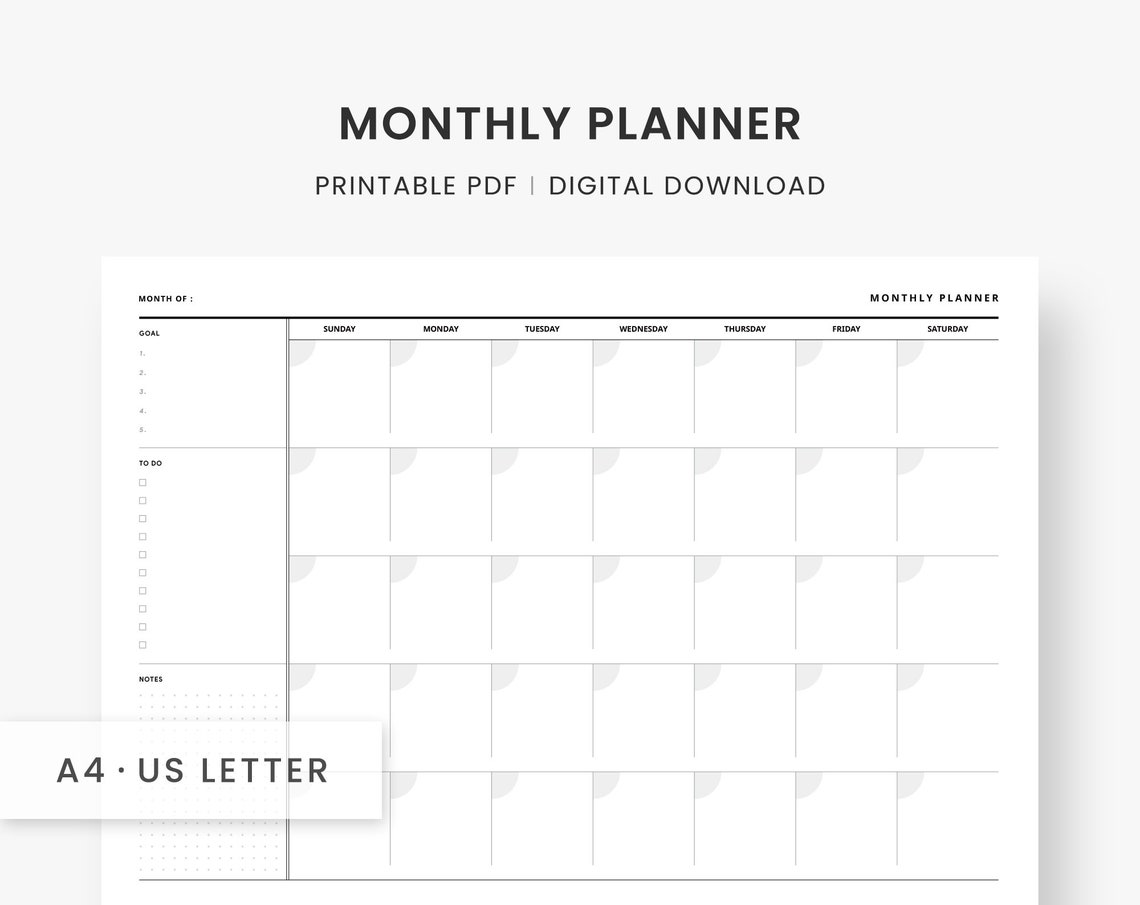 Empty Printable Minimalist Calendar for Desk Undated Monthly - Etsy