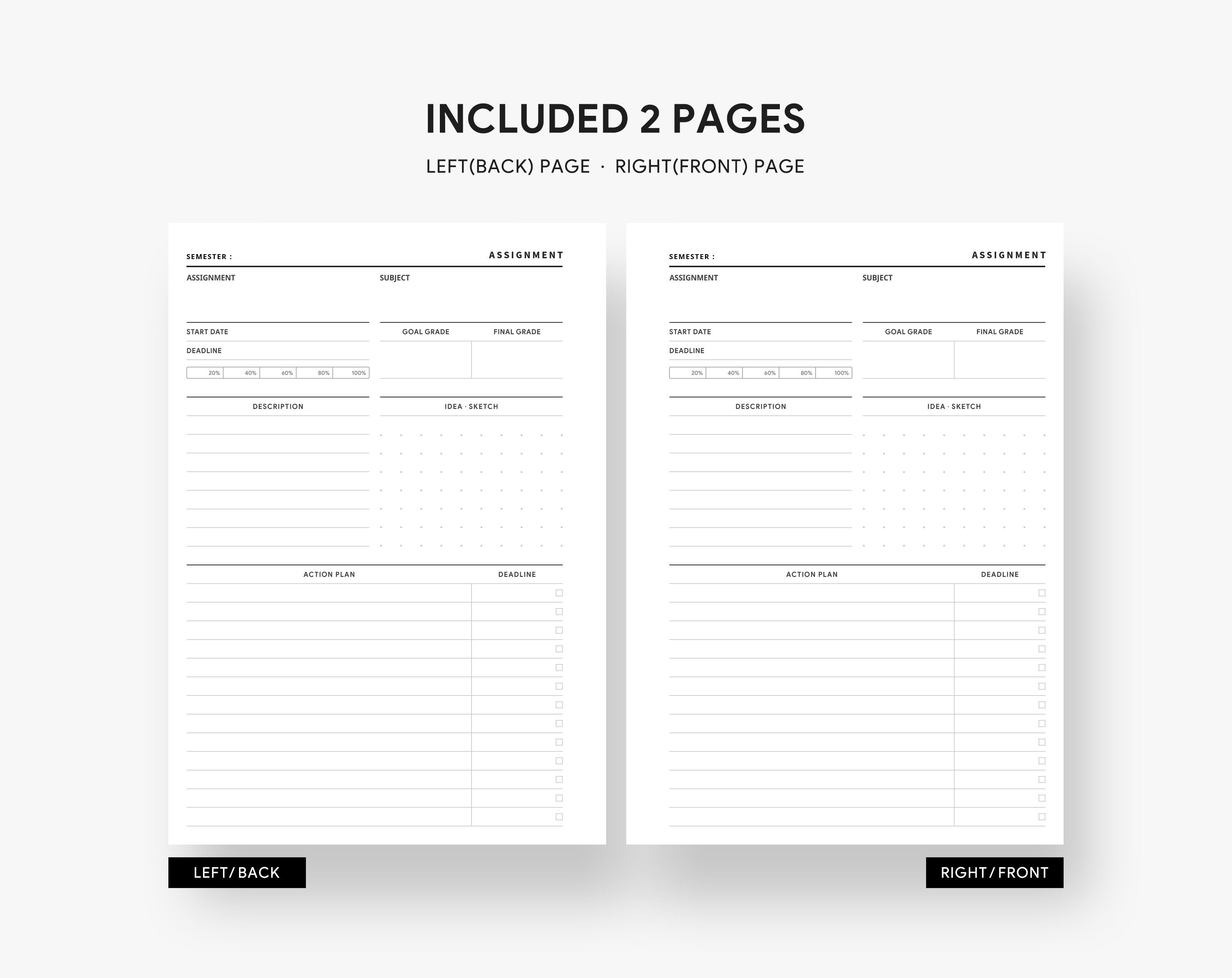 Assignment Plan Printable, Personal Wide Inserts, Student Planner ...