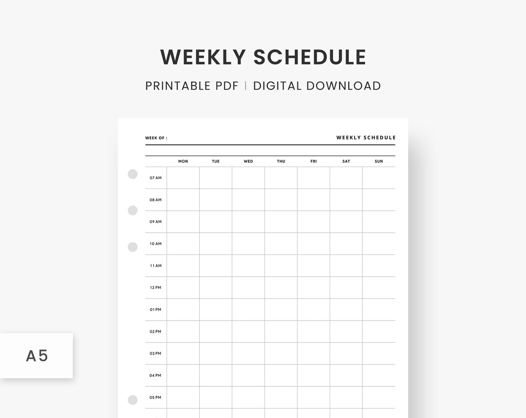 A5 Inserts : Weekly Schedule Printable, Hourly Agenda Planner, Week ...