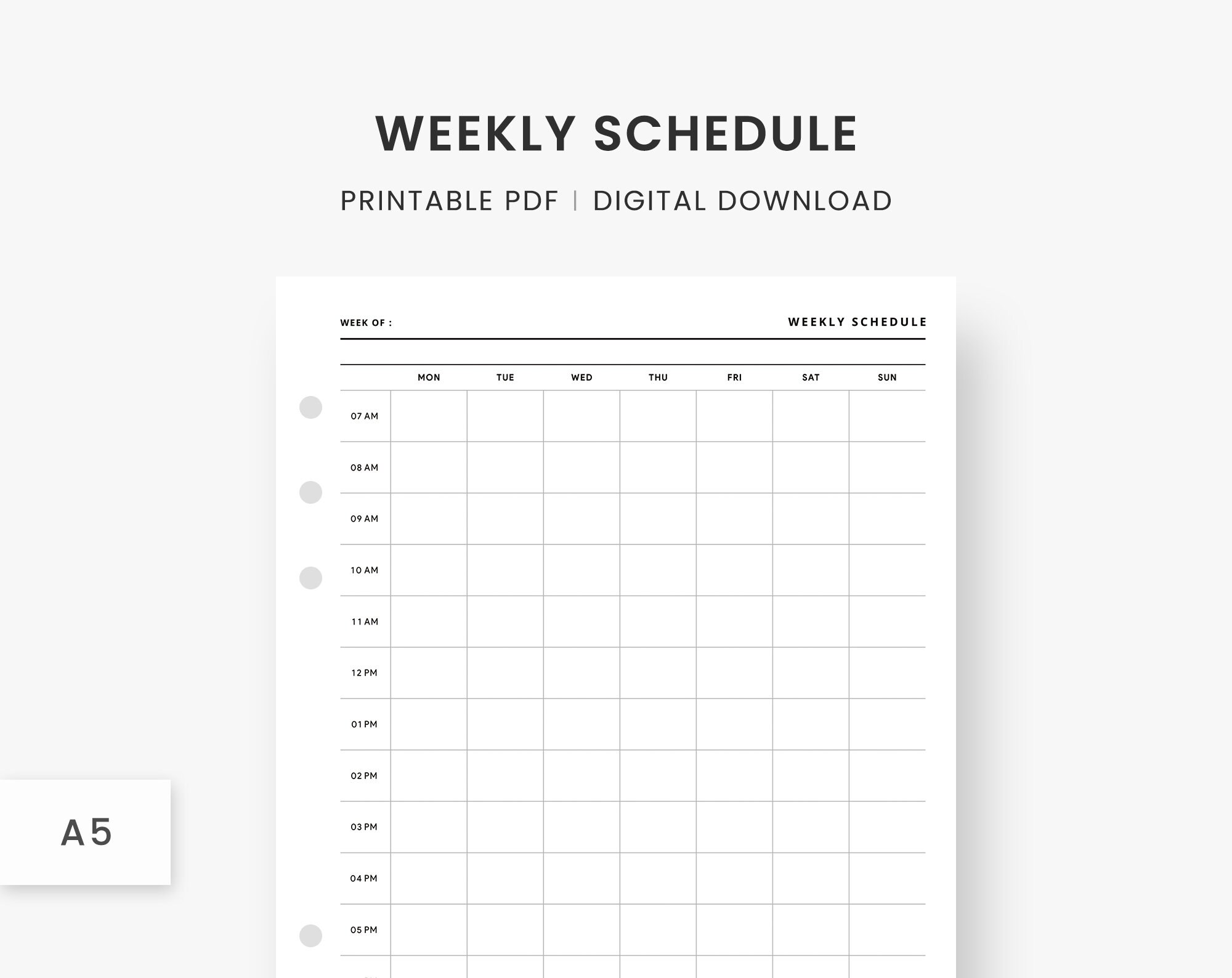 A5 Inserts : Weekly Schedule Printable, Hourly Agenda Planner, Week ...