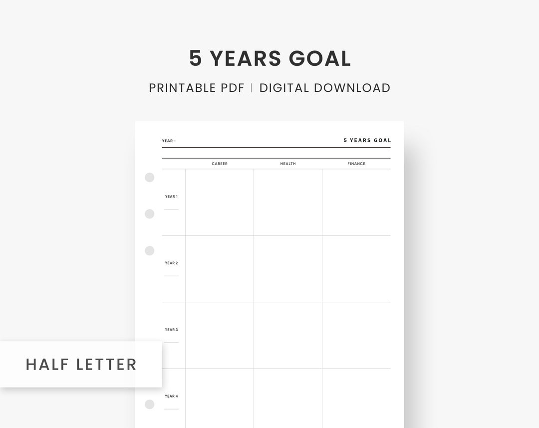 5 Years Goal, 5 Year Goal Plan, 5 Year Planner, Goal Setting Planner ...