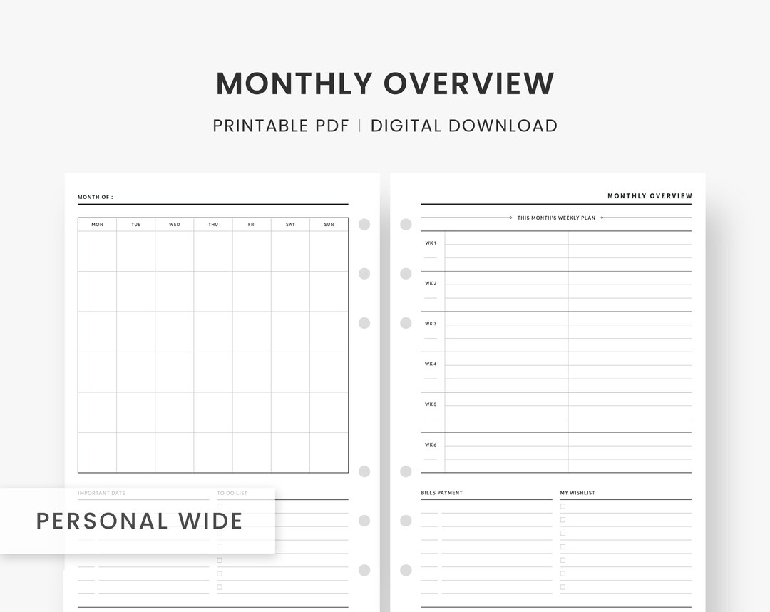 Monthly Planner Printable, Undated Planner, Personal Wide Inserts ...