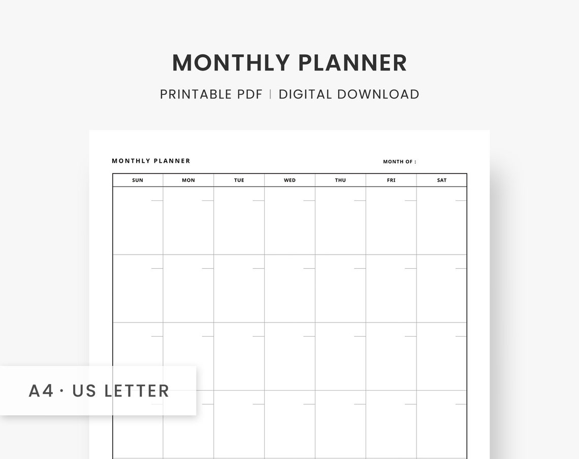 Monthly Printable Undated Minimal Planner, A4, US Letter Size Month on ...
