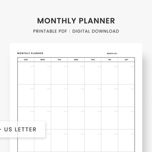 Monthly Printable Undated Minimal Planner, A4, US Letter Size Month on ...