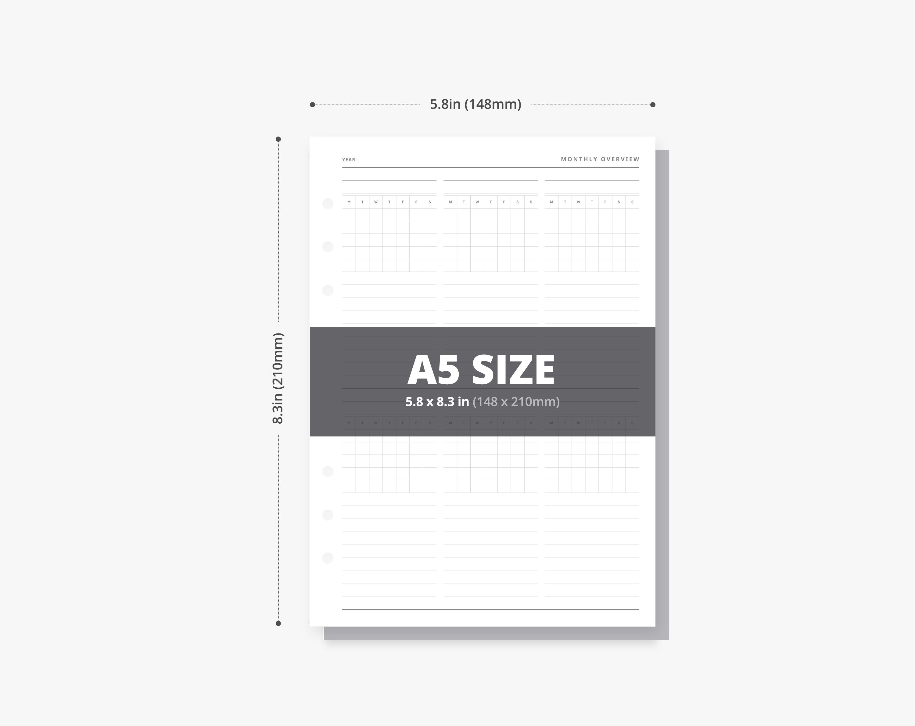 A5 Inserts : Monthly Calendar, Printable Calendar, Monthly Overview ...