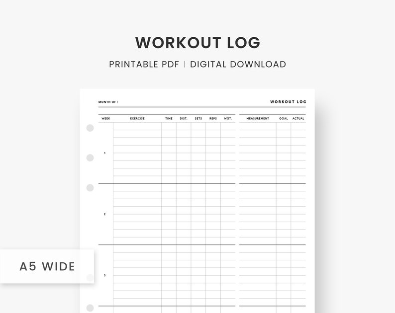 A5 Wide Inserts : Workout Log Printable, 4 Week Workout Tracker ...