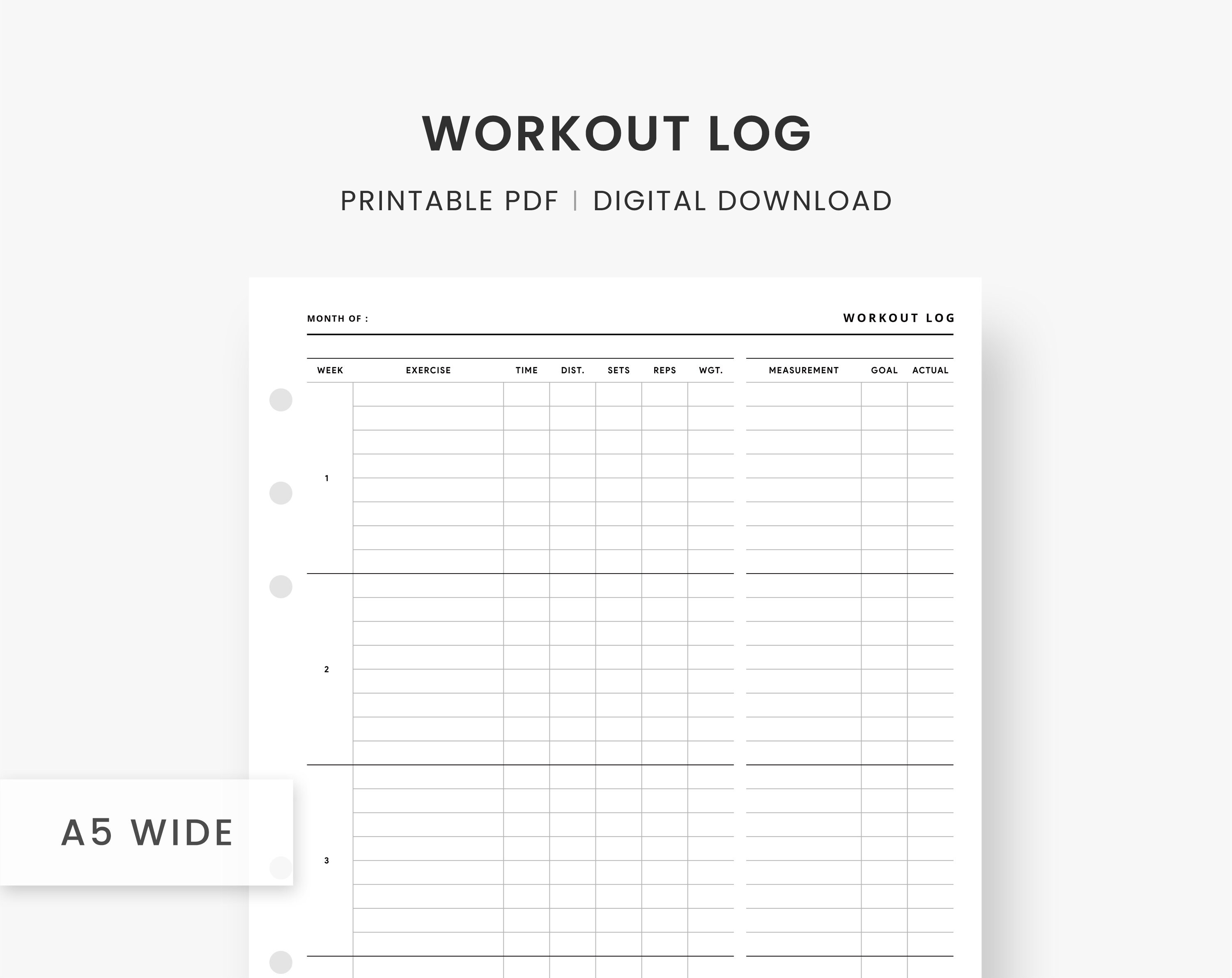 A5 Wide Inserts : Workout Log Printable, 4 Week Workout Tracker ...