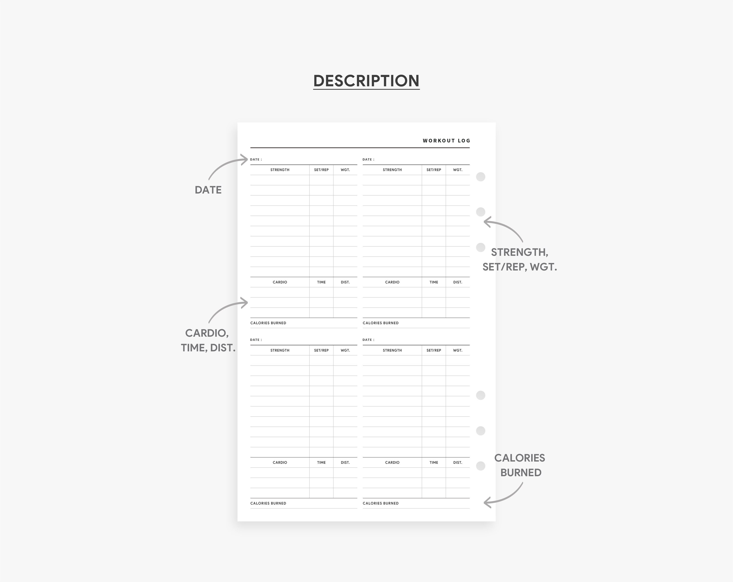Workout Log Template, Fitness and Workout Journal, Exercise Log, Half ...