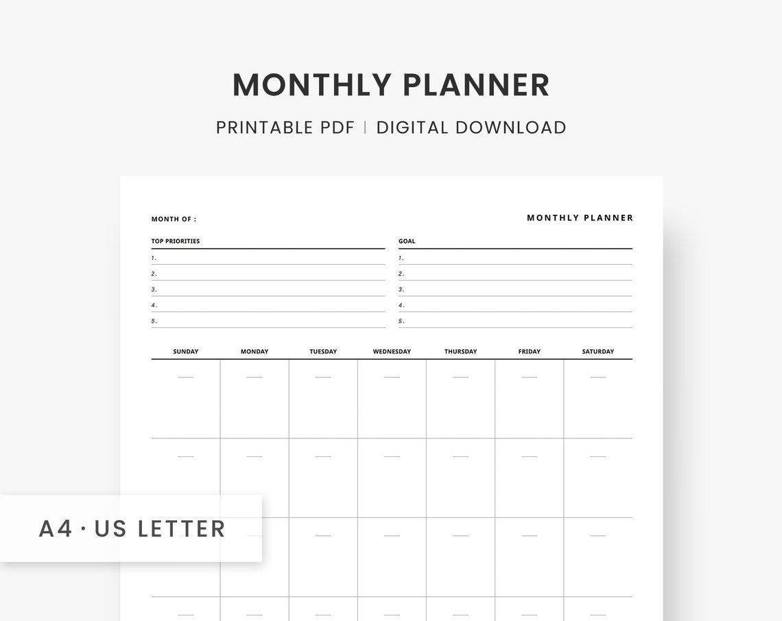 Monthly Planner Printable, Month on One Page Inserts With Goal and ...