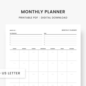 Monthly Planner Printable, Month on One Page Inserts With Goal and ...