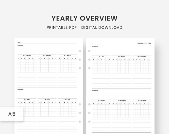 A5 Inserts : Yearly Calendar Yearly Annual Planner Yearly | Etsy
