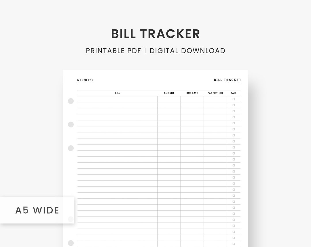 A5 Wide Inserts : Bill Tracker Printable, Financial Planner, Bill ...