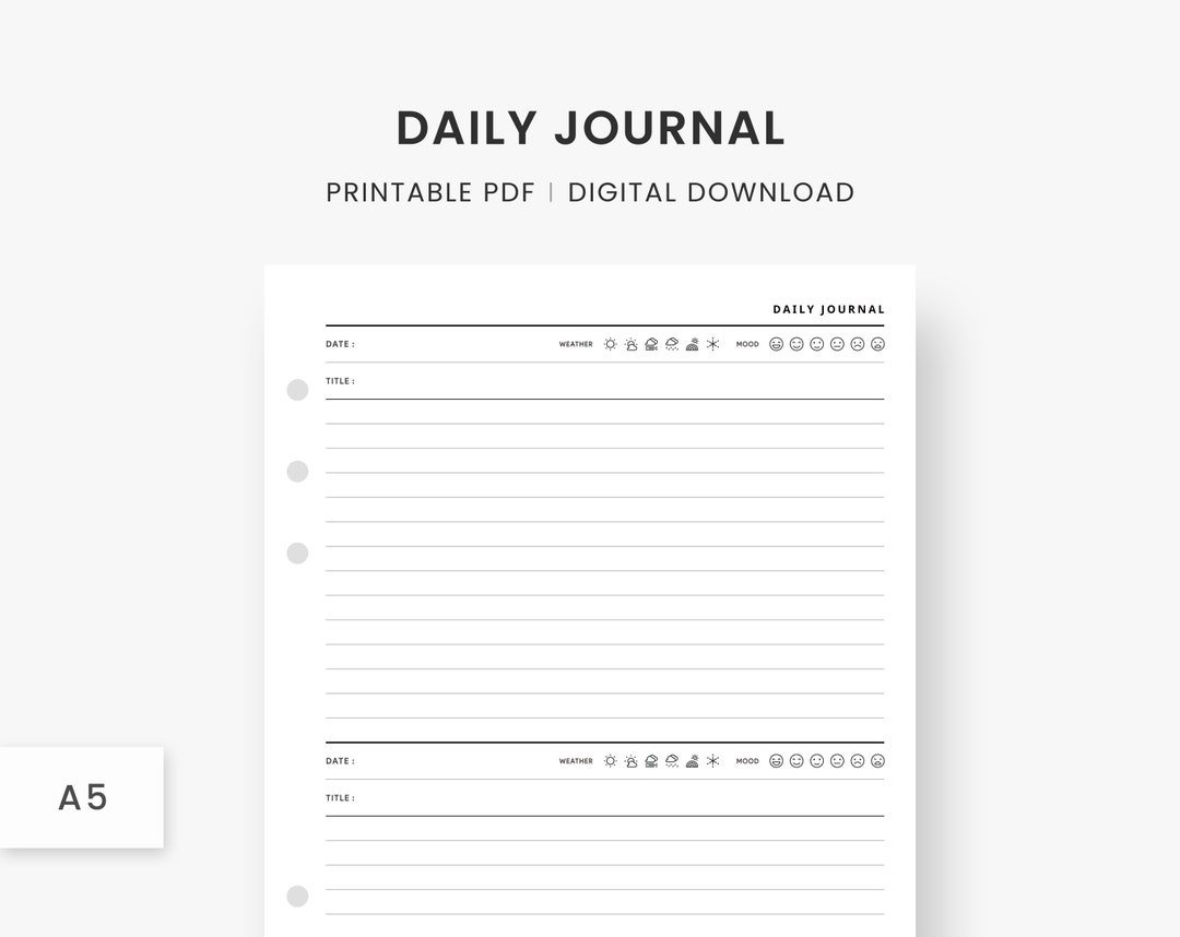 Daily Journal Printable, A5 Insert, Journal Template With Weather and ...