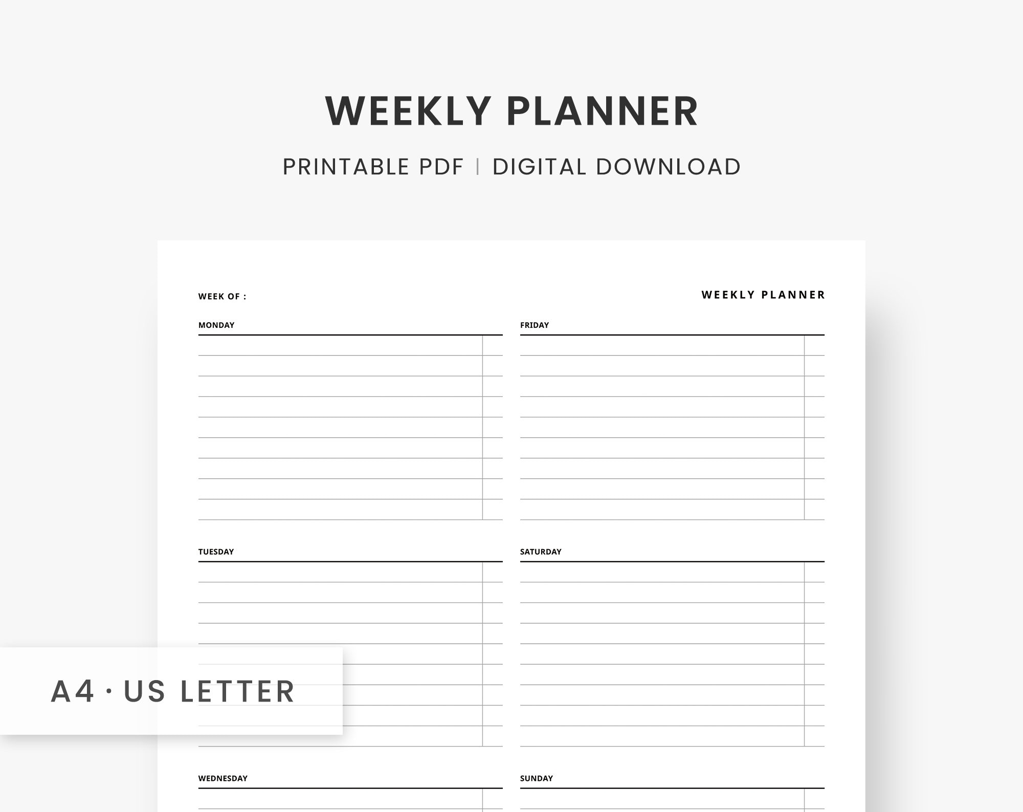 Vertical Undated Weekly Planner, Printable A4, Letter Size Weekly ...