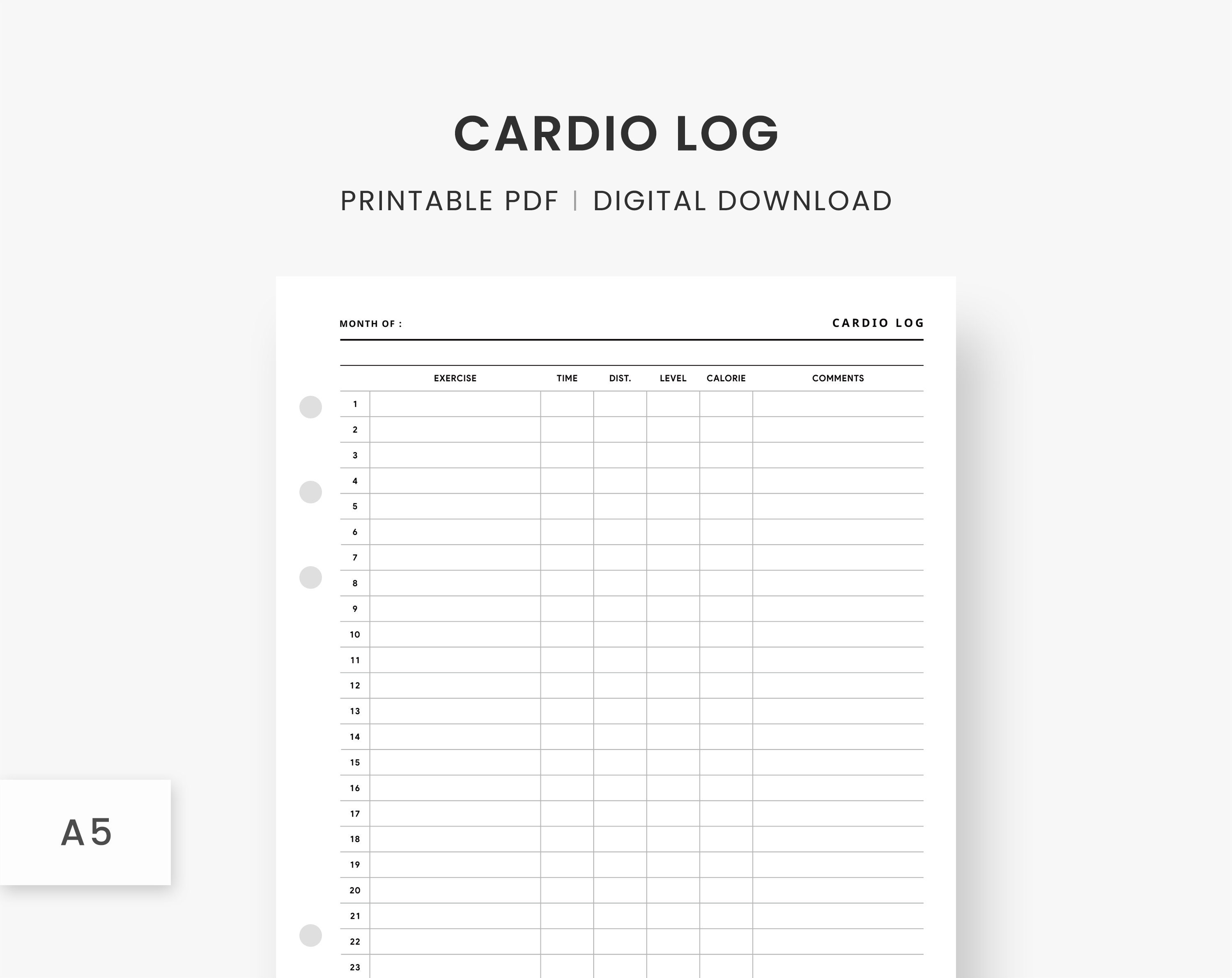 A5 Inserts : Cardio Log, Daily Workout Log, Workout Tracker, Exercise ...