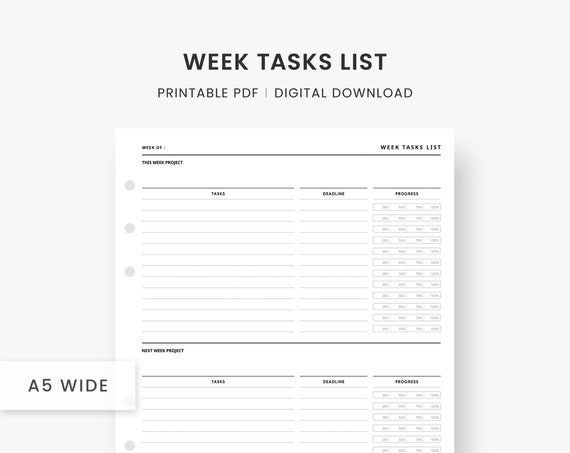 A5 Wide Inserts : Tasks List Printable Planner Week Tasks | Etsy