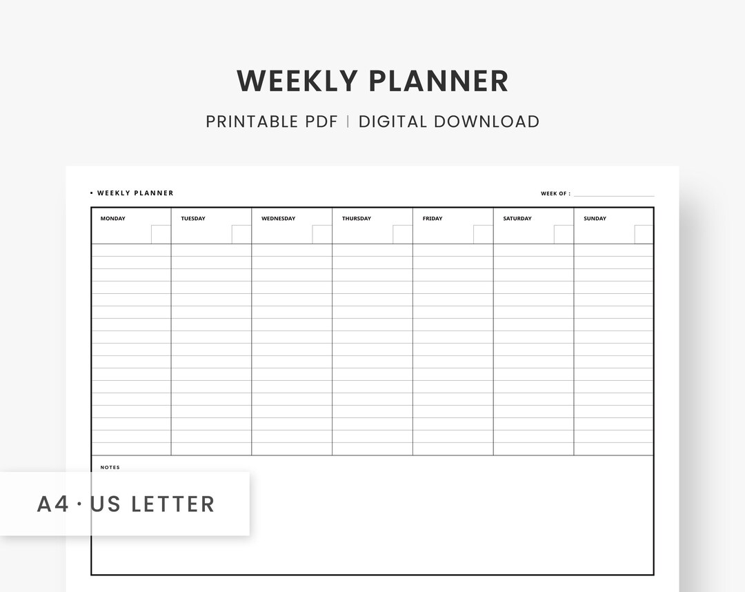 Minimal Weekly Planner, Printable A4, Letter Size Horizontal Layout ...