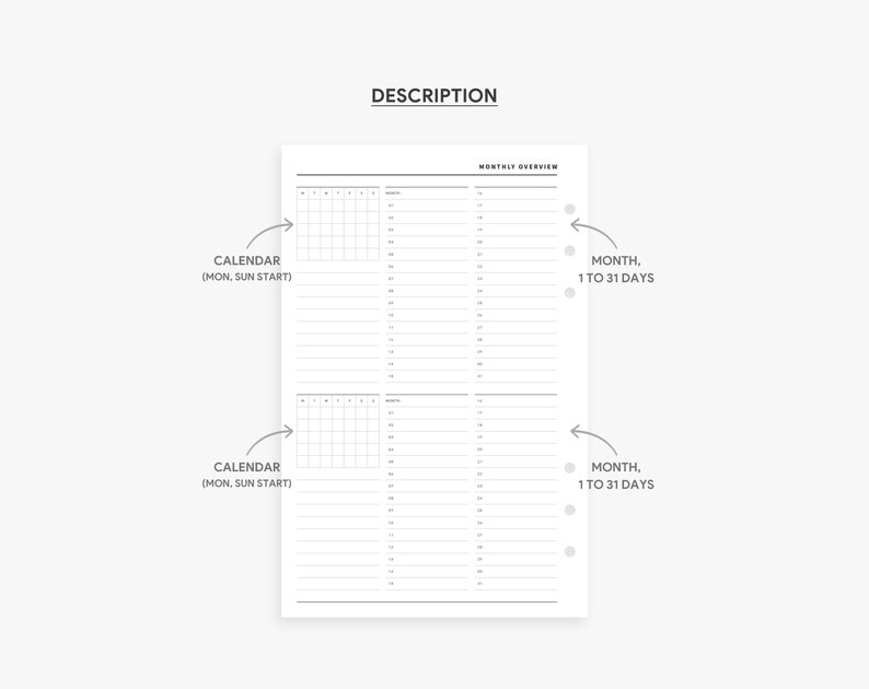 Monthly Overview Monthly Calendar Printable Undated Planner - Etsy