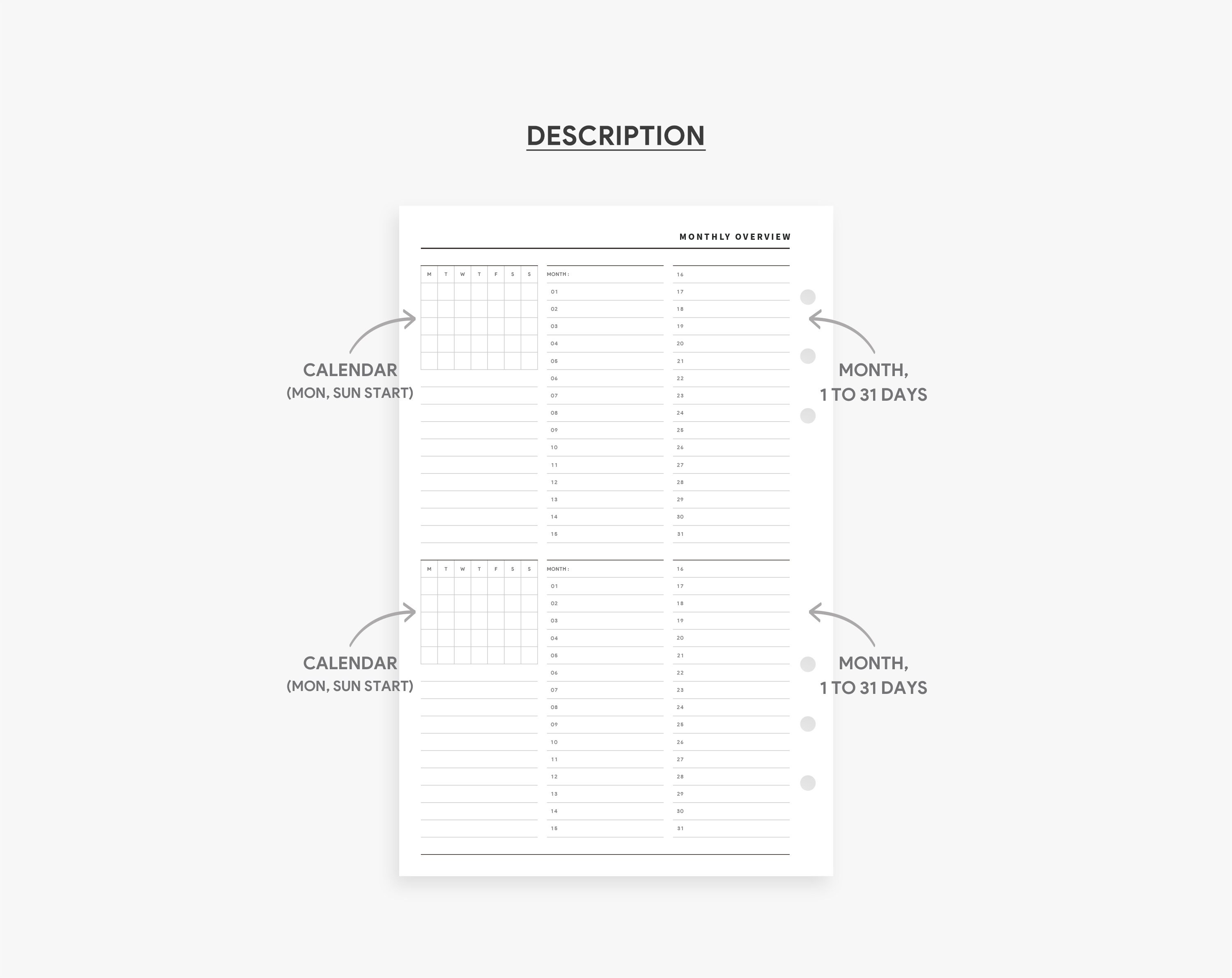 Monthly Overview Monthly Calendar Printable Undated Planner - Etsy